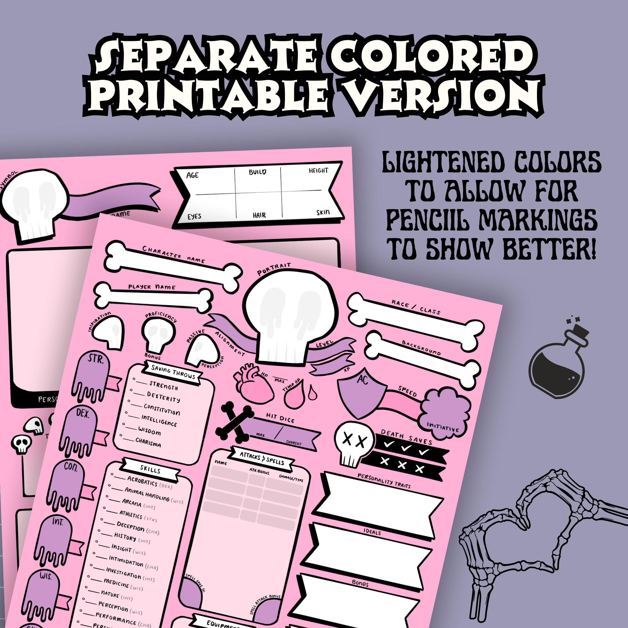 Skelly Dnd 5e Character Sheet Cute Spooky | PDF Printable Fillable Pink ...