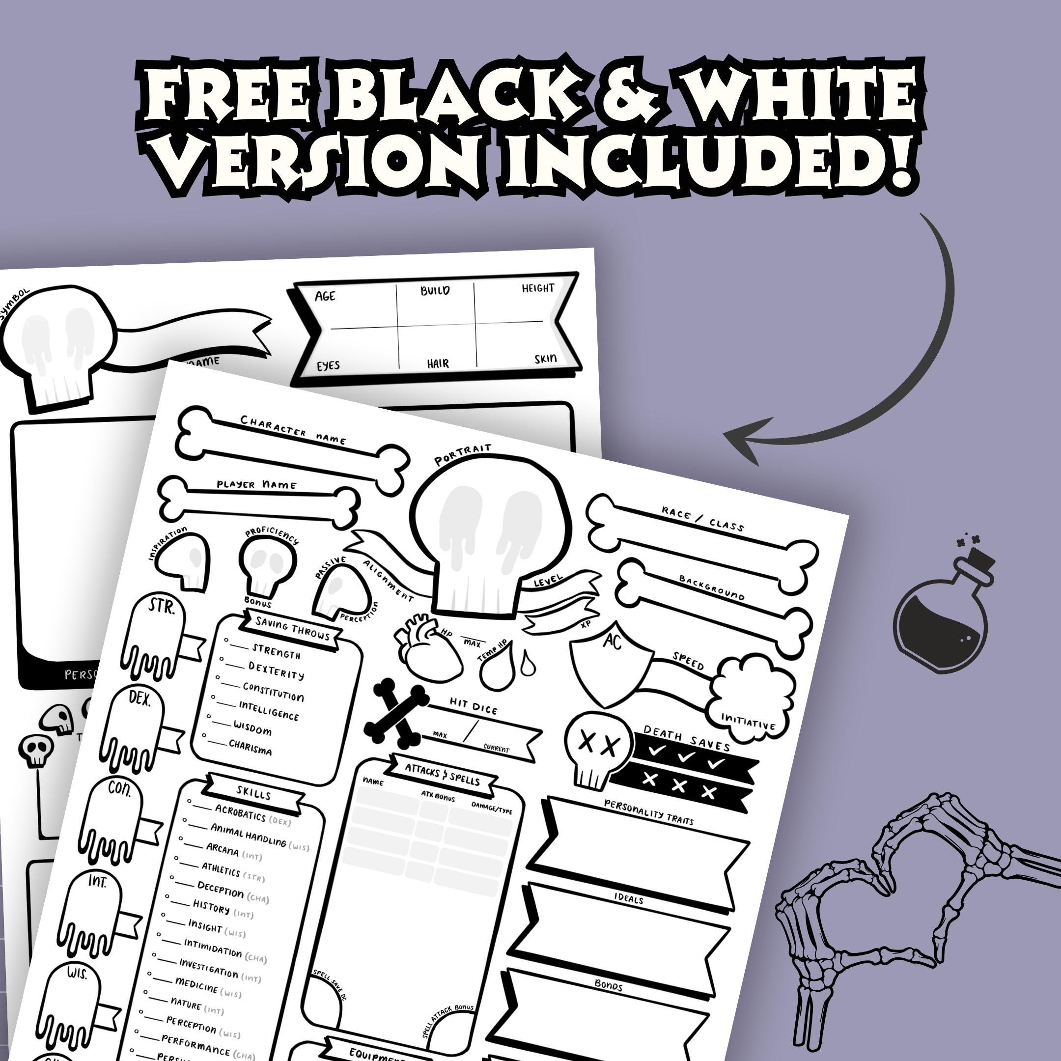 Skelly Dnd 5e Character Sheet Cute Spooky | PDF Printable Fillable Pink ...