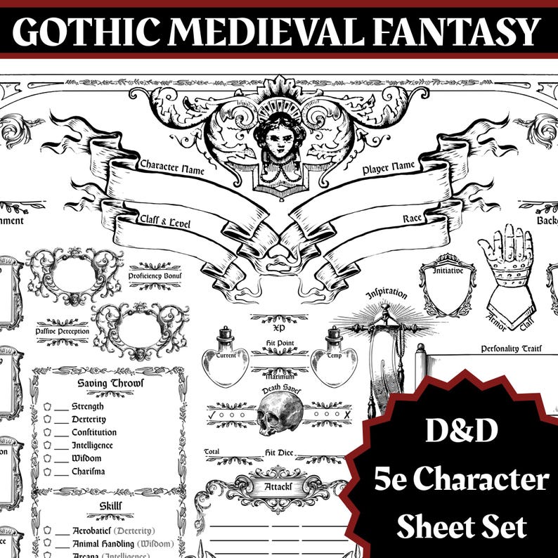 Gothic Medieval Dnd 5e Character Sheet Fantasy | PDF Printable ...