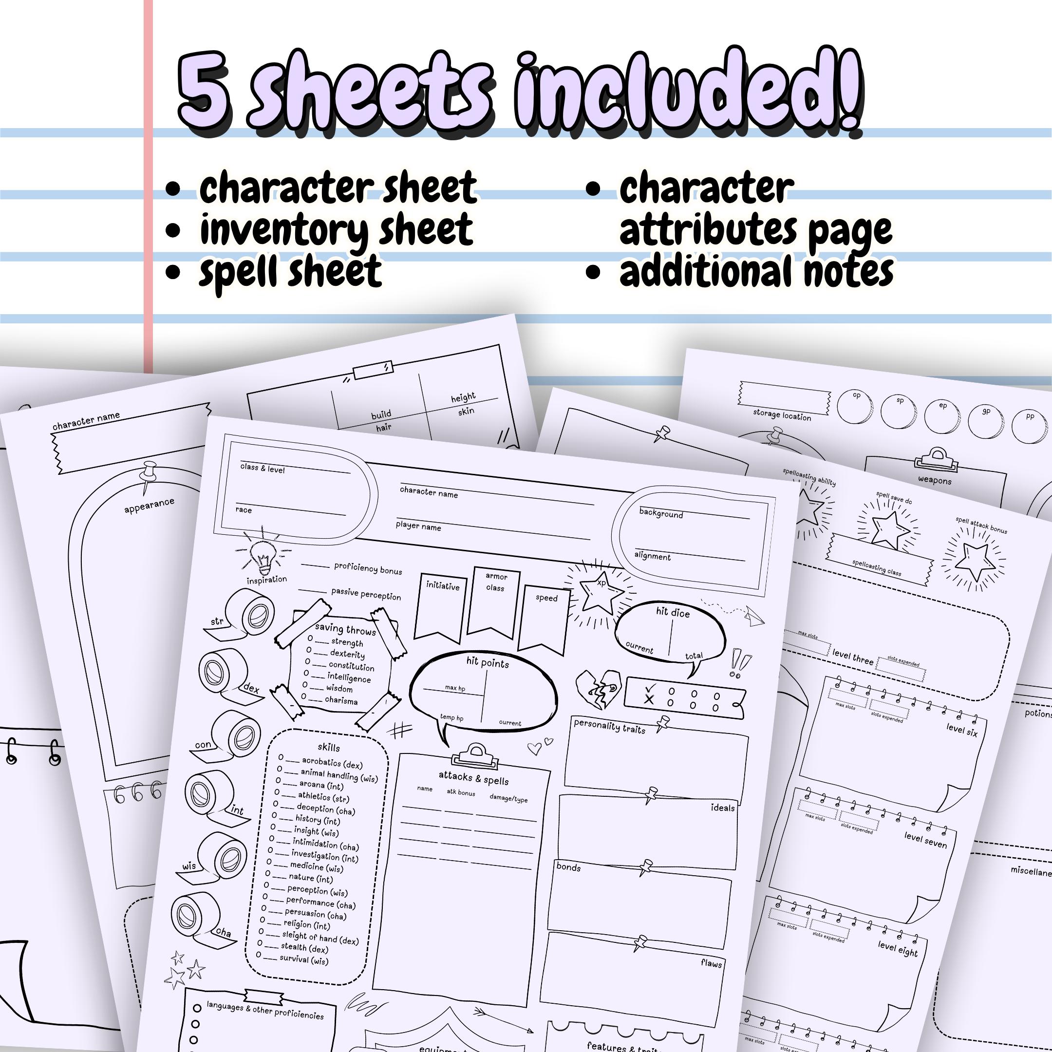 Doodle Dnd 5e Character Sheet Cute Pastel Purple | PDF Printable ...