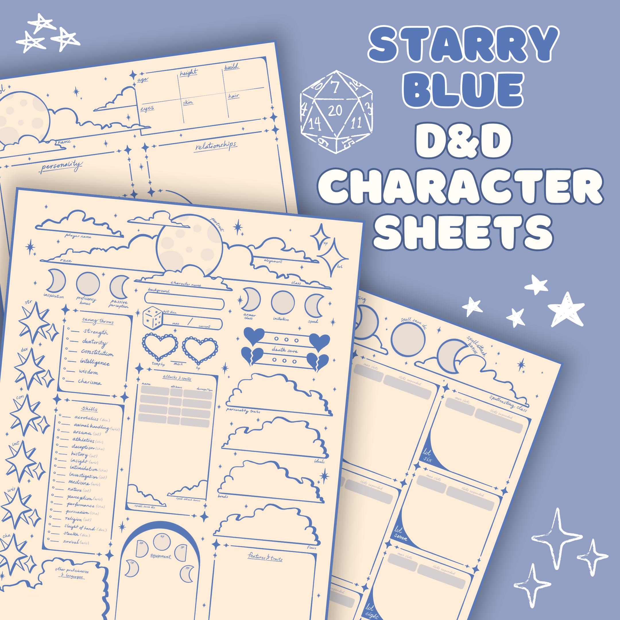 Starry Night Dnd 5e Character Sheet: Pastel Blue Dungeons and Dragons ...