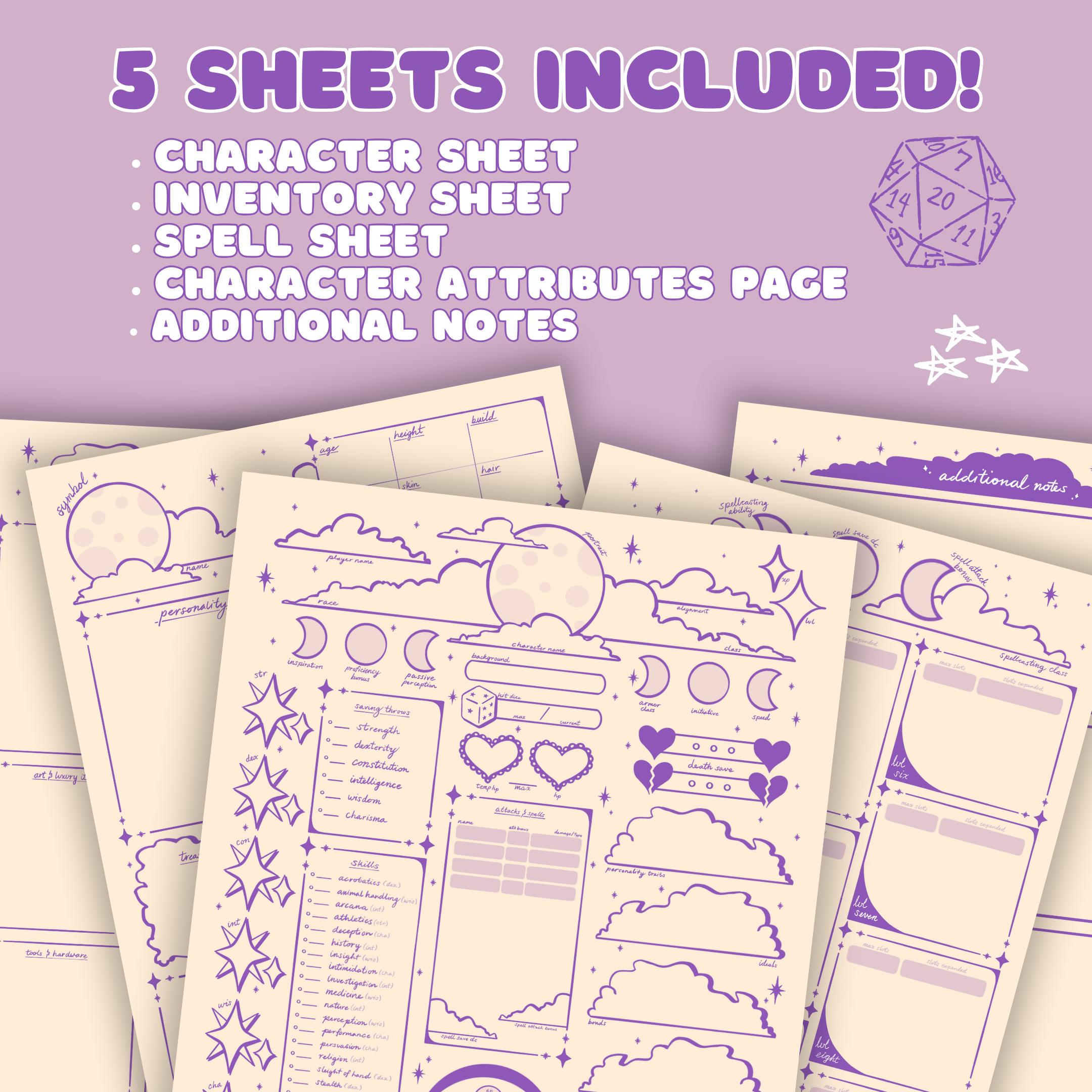 Starry Night Dnd 5e Character Sheet: Pastel Purple Dungeons and Dragons ...