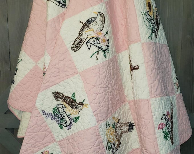 Handmade Handstitched & Embroidered Vintage State Bird Quilt - Pink and ...