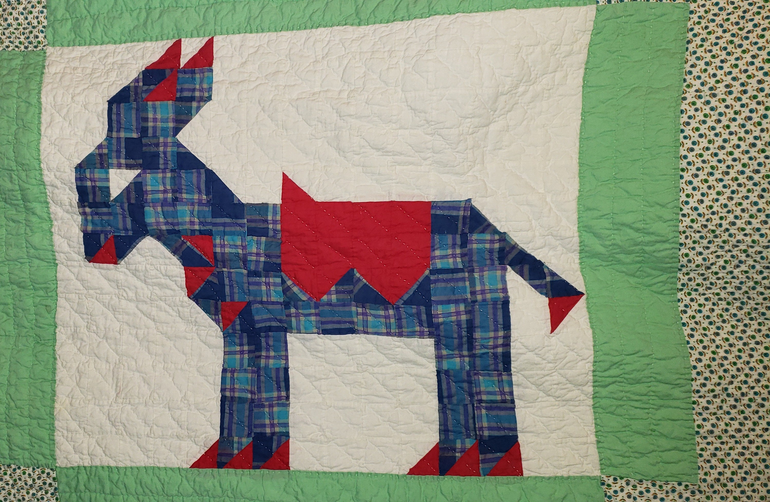 Vintage Handstitched Donkey Quilt - Handmade Plaid Cotton Animal Quilt ...
