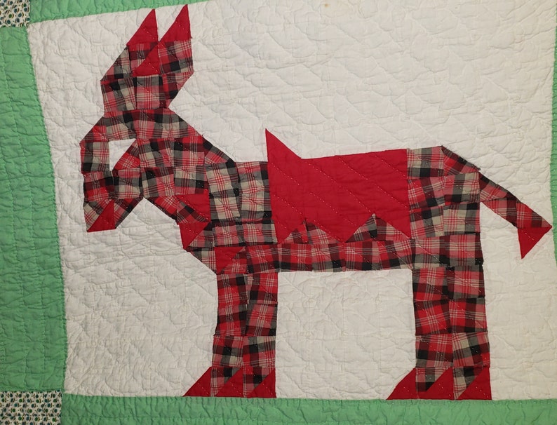 Vintage Handstitched Donkey Quilt - Handmade Plaid Cotton Animal Quilt ...
