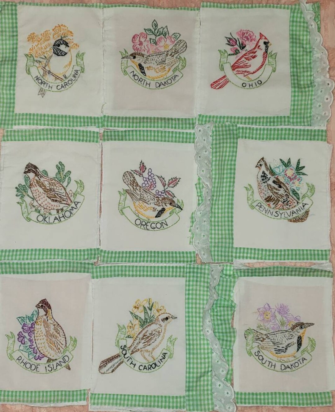 Vintage Embroidered State Bird Quilt Square N. Carolina, N. Dakota ...