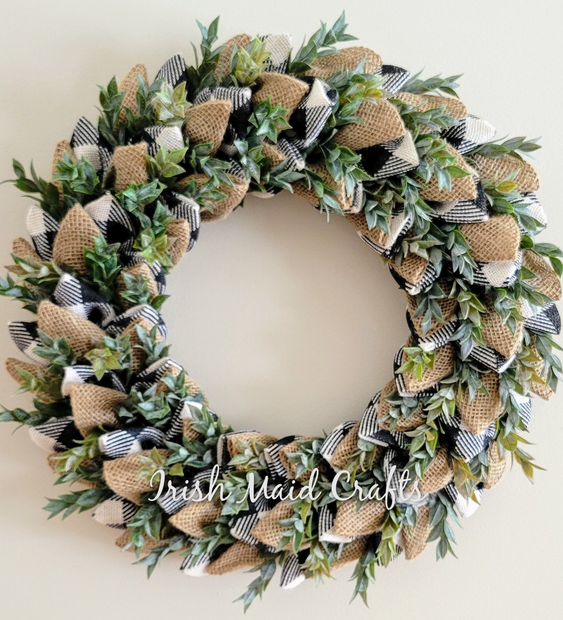 Black White Buffalo Plaid Natural Burlap Everyday Wreath Decor, Ruscus ...