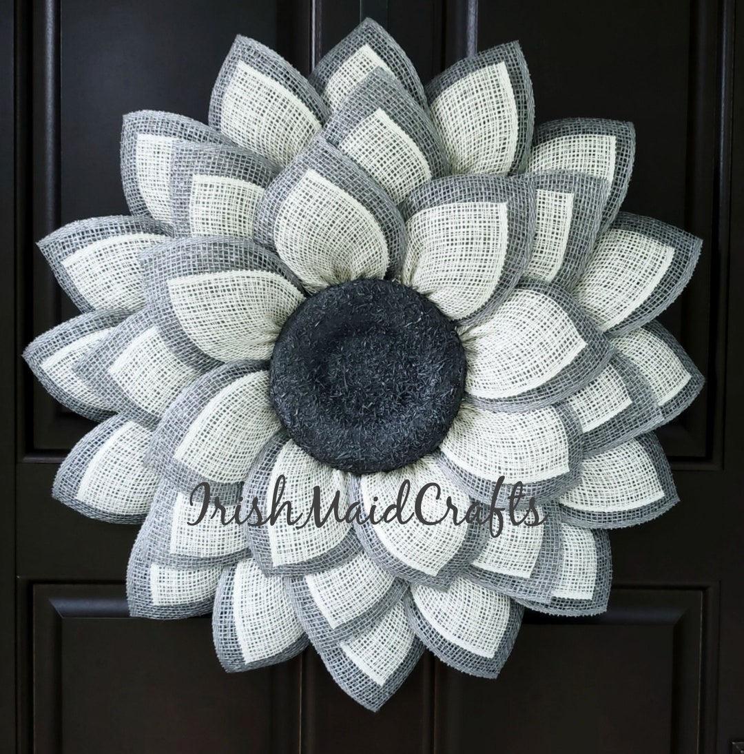 Large Grey Cream Poly Burlap Sunflower Flower Wreath, Grey Cream ...
