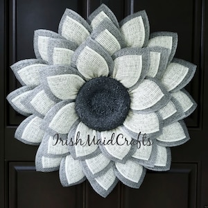 Large Grey Cream Poly Burlap Sunflower Flower Wreath, Grey Cream ...