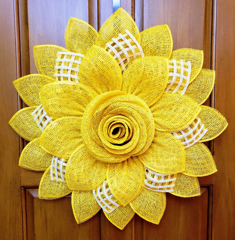 Large Yellow Daisy Rose (sara Flower) Poly Burlap Flower Wreath Door ...