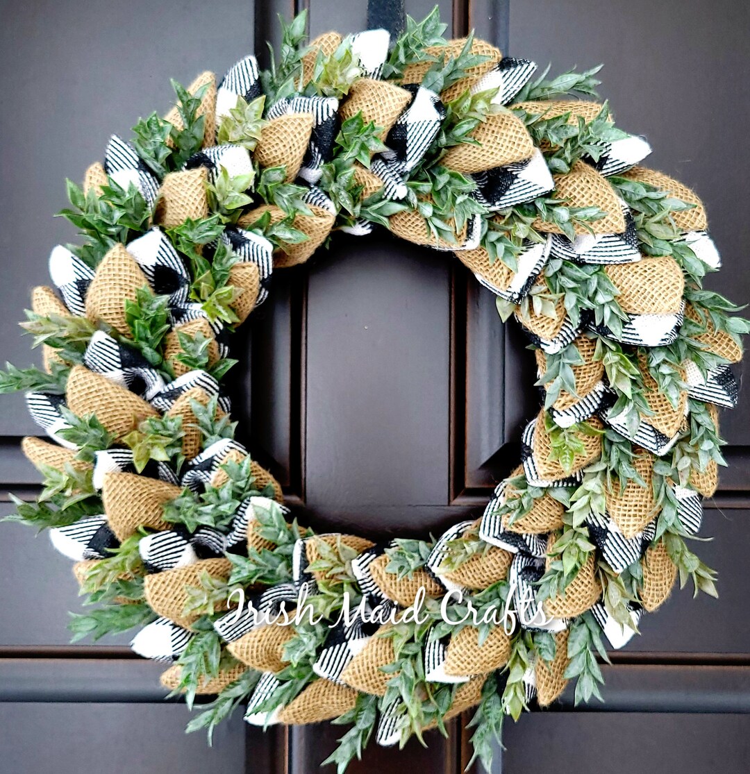 Black White Buffalo Plaid Natural Burlap Everyday Wreath Decor, Ruscus ...