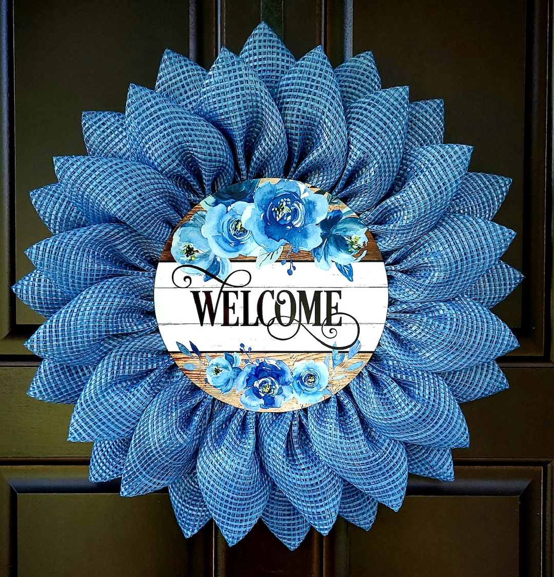 Large Blue Welcome Sunflower Wreath, Burlap Flower Wreath, Blue Front ...