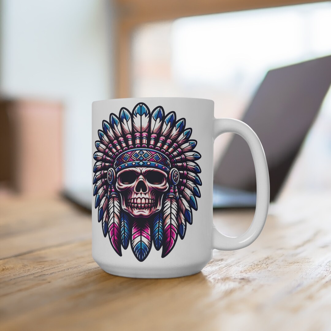 Mugsartstore, Feather Skull of Native American in Chief Headdress ...