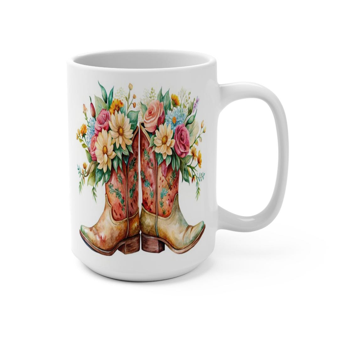 Western Floral Cowboy Boots Coffee Mug, 15 Oz, Ceramic - Etsy