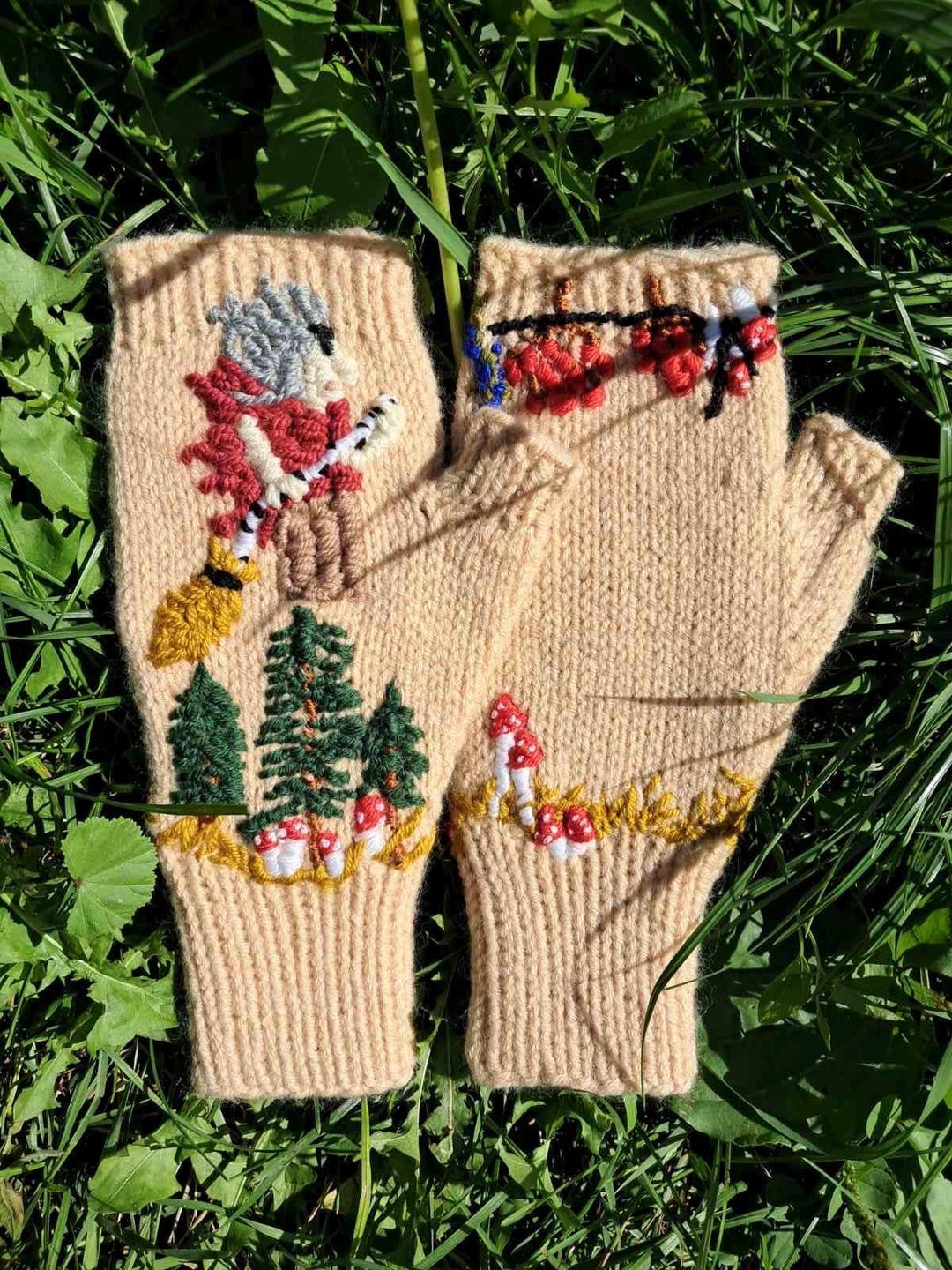 Hand-knitted Beige Fingerless Mittens With Autumn Forest Embroidery ...