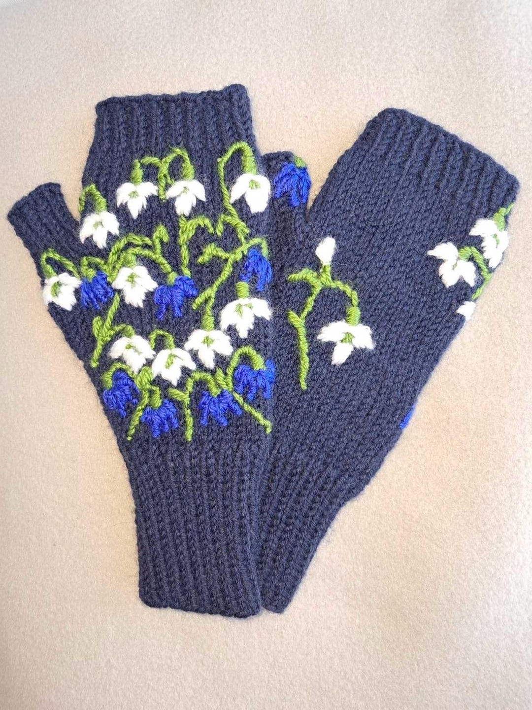 Navy Blue Hand Knitted Mittens With Snowdrops Embroidery - Etsy