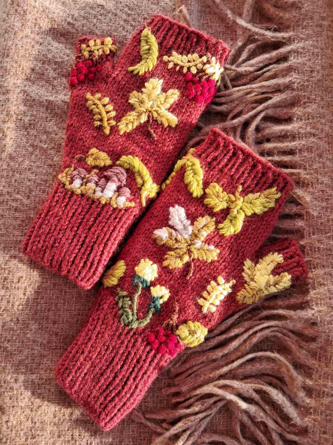 Hand-knitted Fingerless Mittens — Leaf Embroidery, Warm Wool Blend ...