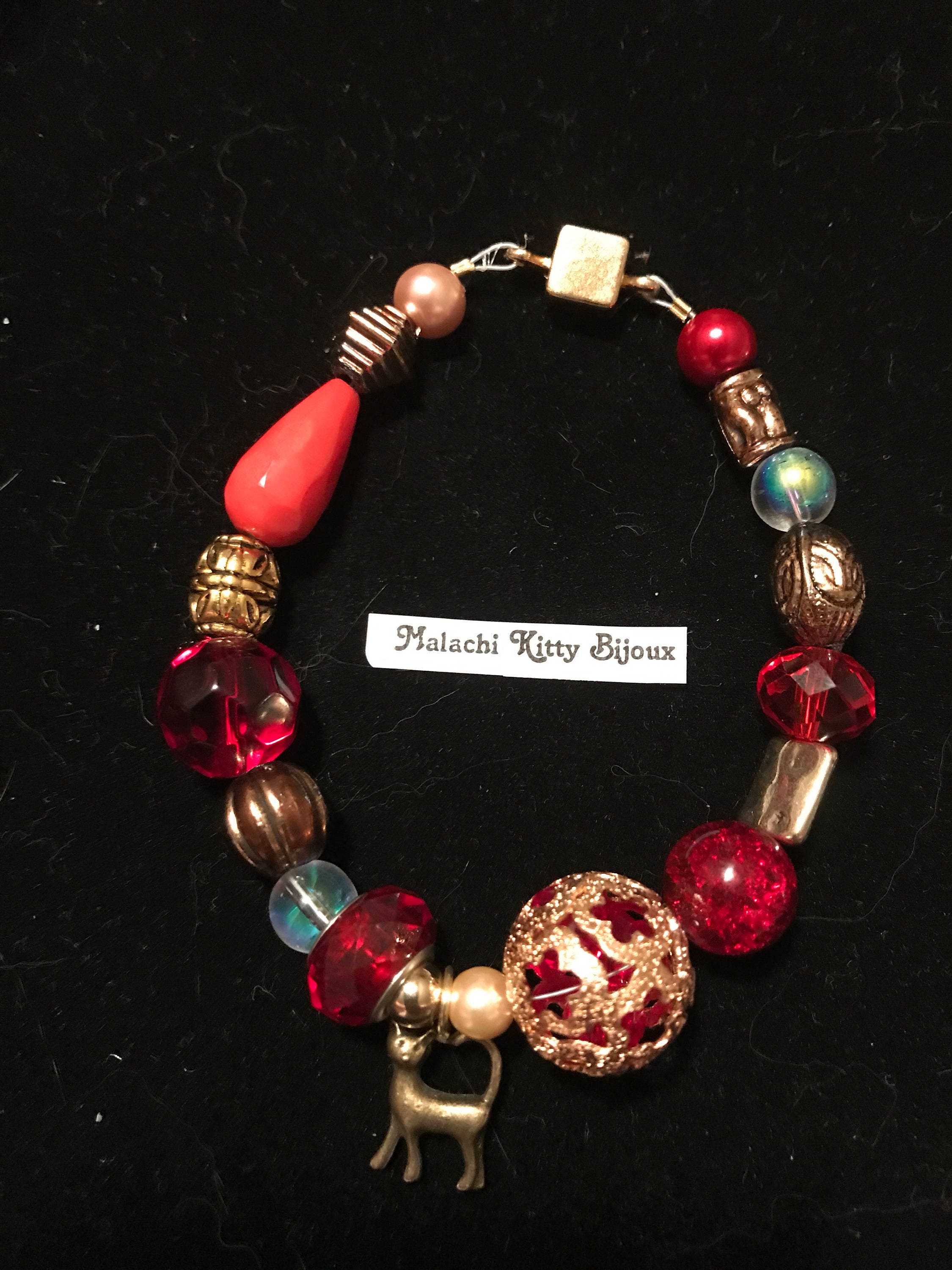 Red and Gold Spaz bracelet with dog or cat charm | Etsy