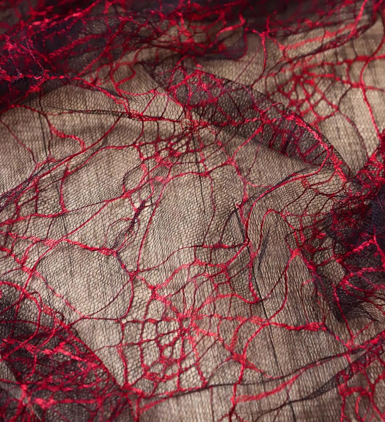 Red Spider Web Embroidery Lace Fabric: Black Tulle Mesh, Costume Dress ...