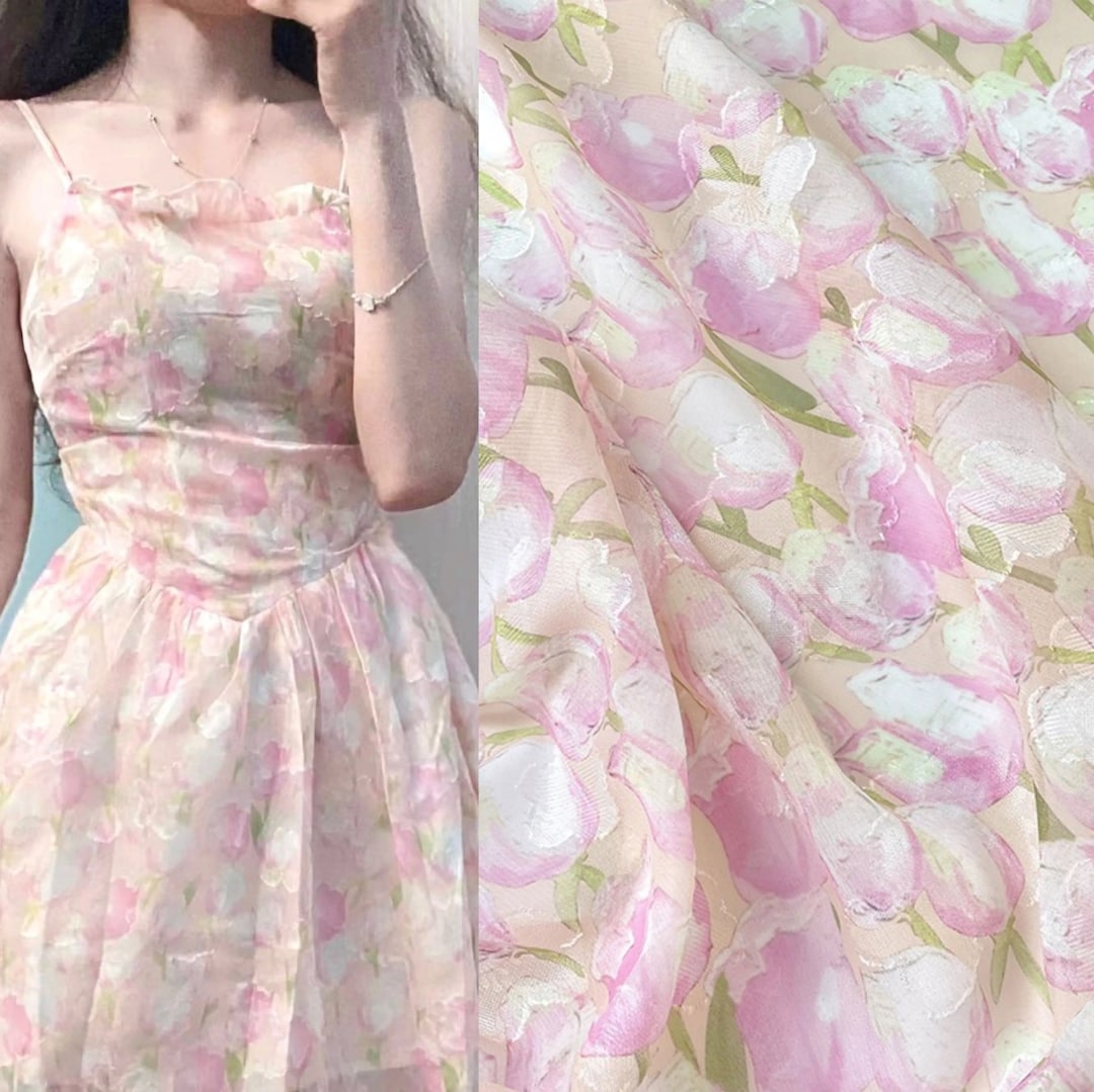 Pink Tulip Floral Chiffon Fabric,semi Transparent Soft Summer Dress ...