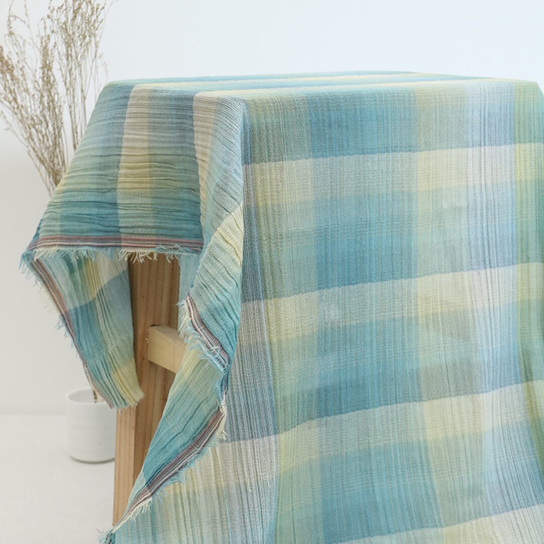 Blue Check Pattern Cotton Fabric by 1/2 Meter Light Weight Organic ...