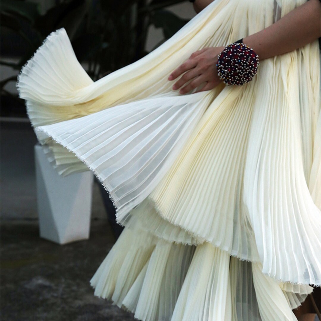 Beige Pleated Chiffon Fabric: Lightweight Accordion Wrinkle Material ...