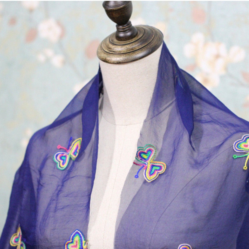 Navy chiffon fabric with butterfly embroidery light weight | Etsy