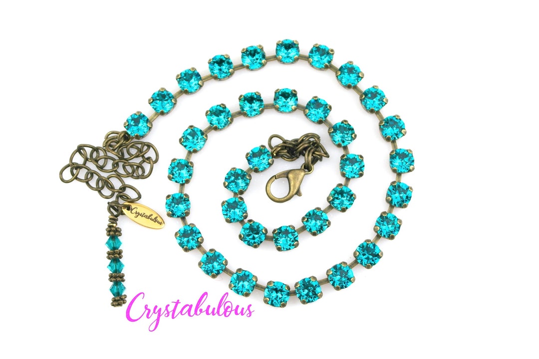Blue Zircon Crystal Necklace: Antique Brass, Austrian Crystals - Etsy