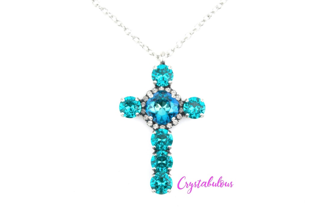 Blue Crystal Cross Pendant Necklace: Handmade Turquoise Zircon - Etsy