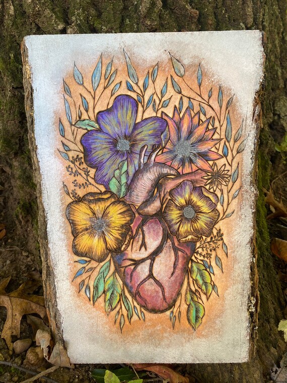Anatomical Heart Pyrography Morbid Art Blooming Heart Wood | Etsy
