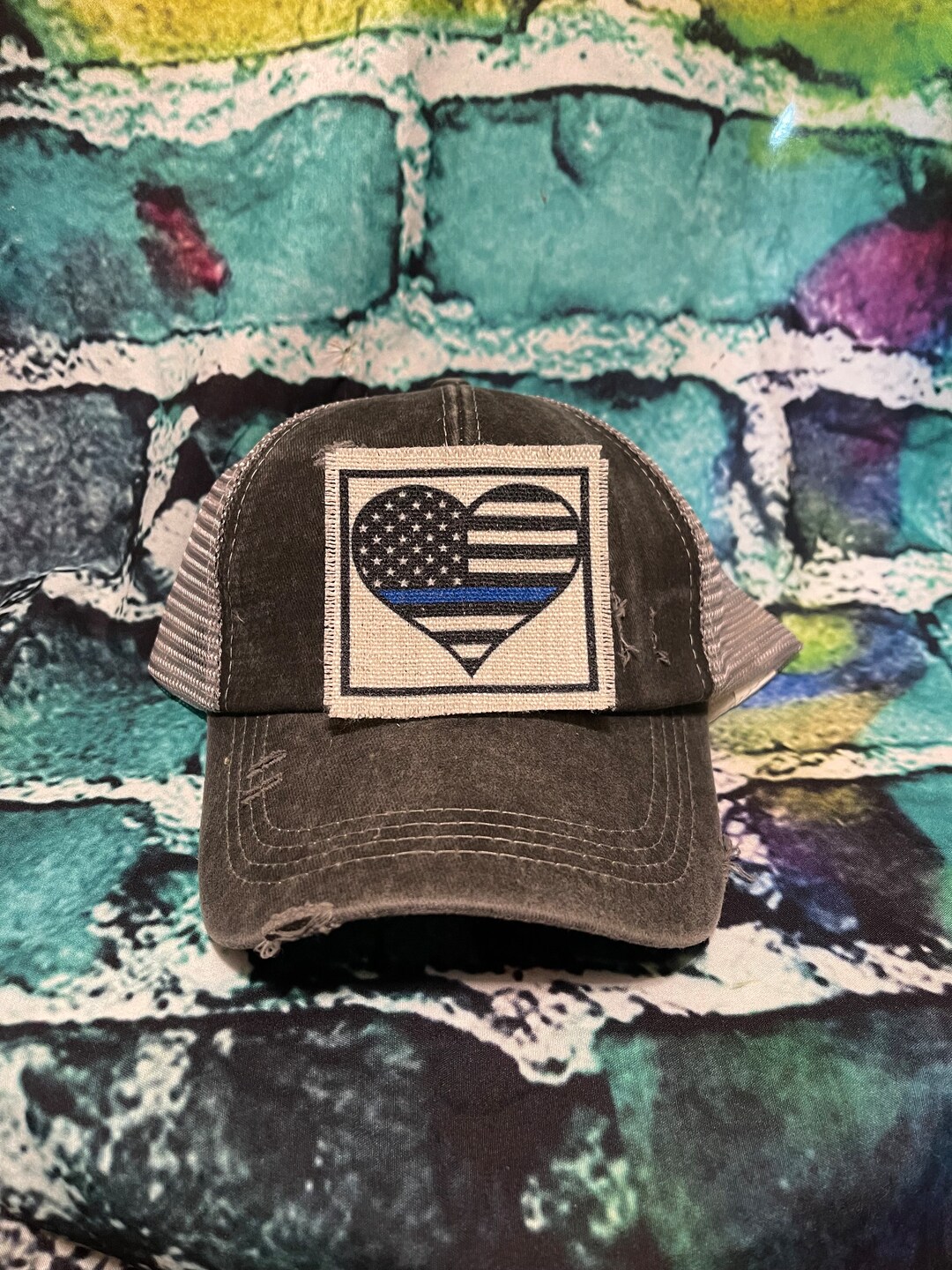 Blue Line Heart Ponytail Hat Police Wife Gift Blueline Back the Blue Thin Blue Line Gift ...