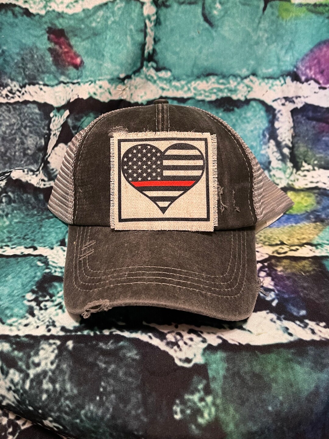 Red Line Heart Patched Hat | Firefighter Gift | Redline | Back the Red ...
