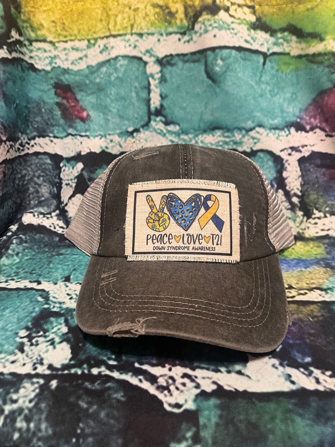 Peace Love Down Syndrome Awareness Patched Ponytail Hat | Down Syndrome ...