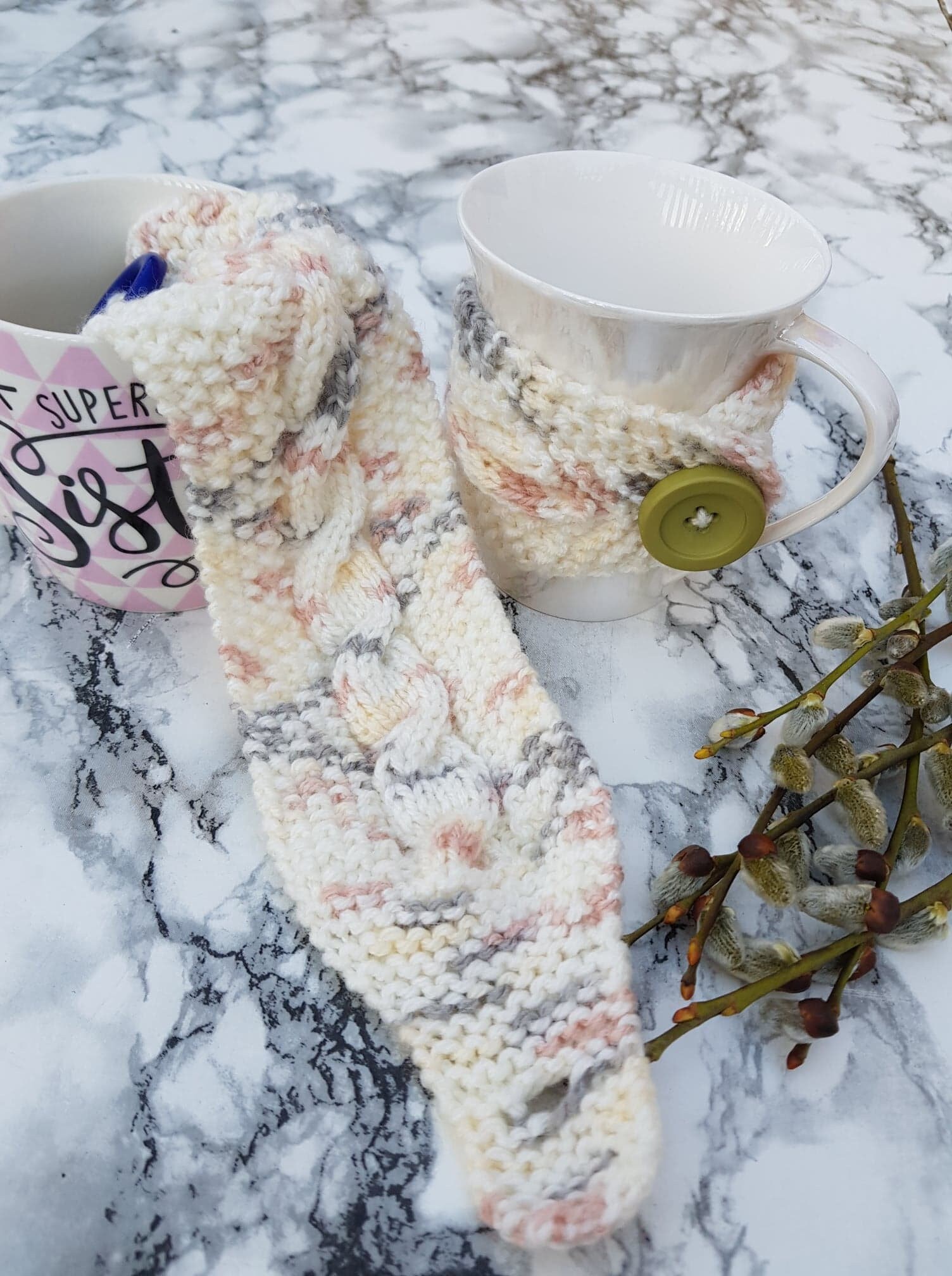 Knitted Coffee Cup Cosy,hand Knitting Cable White, Coffee Cup Cosy - Etsy
