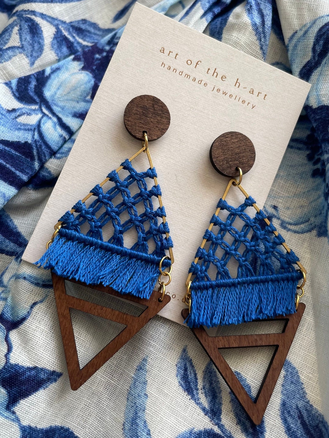 Royal Blue Boho Chic Macramé Earrings/ Statement Triangle Earrings ...