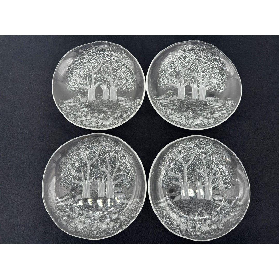 Set of 4 Vintage Clear Glass Plates With Embossed Tree Landscape Design ...