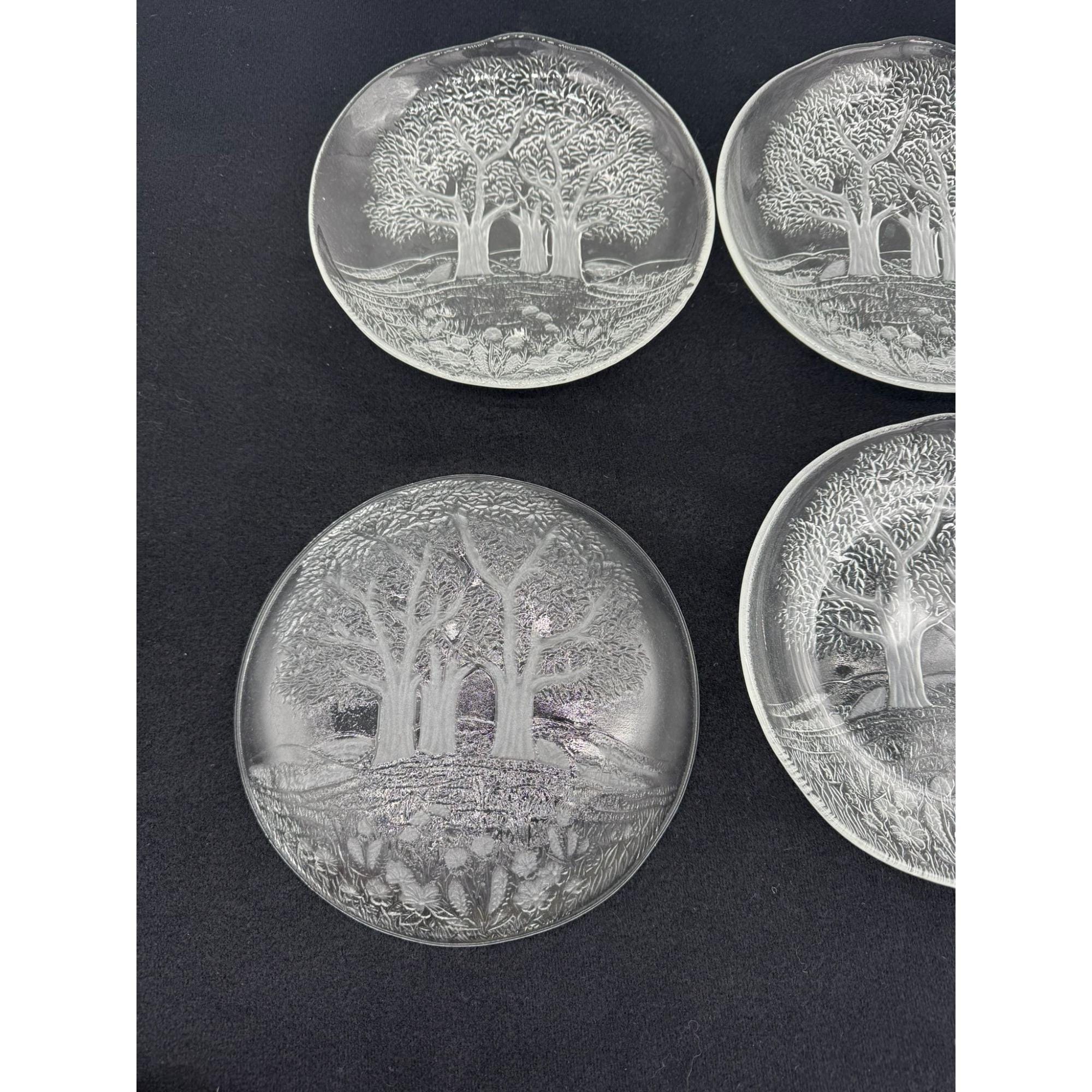 Set of 4 Vintage Clear Glass Plates With Embossed Tree Landscape Design ...