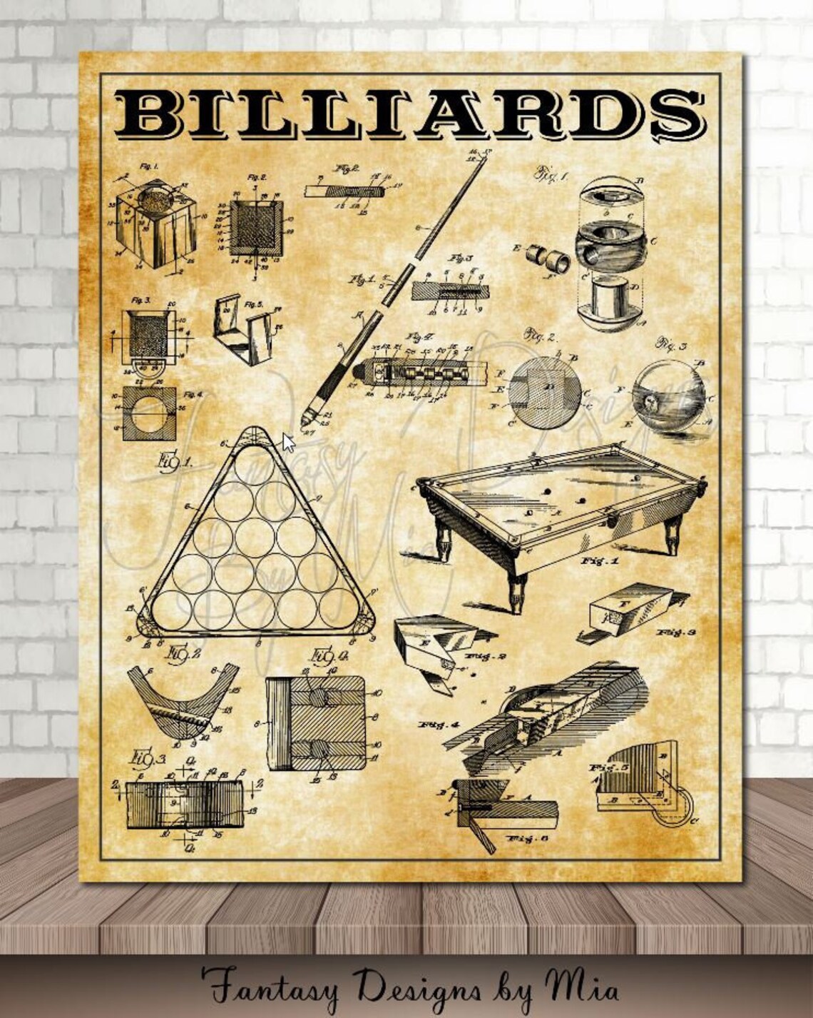 Billiards Patent Prints, Pool Table, Billiard Balls, Rack, Cue Stick ...