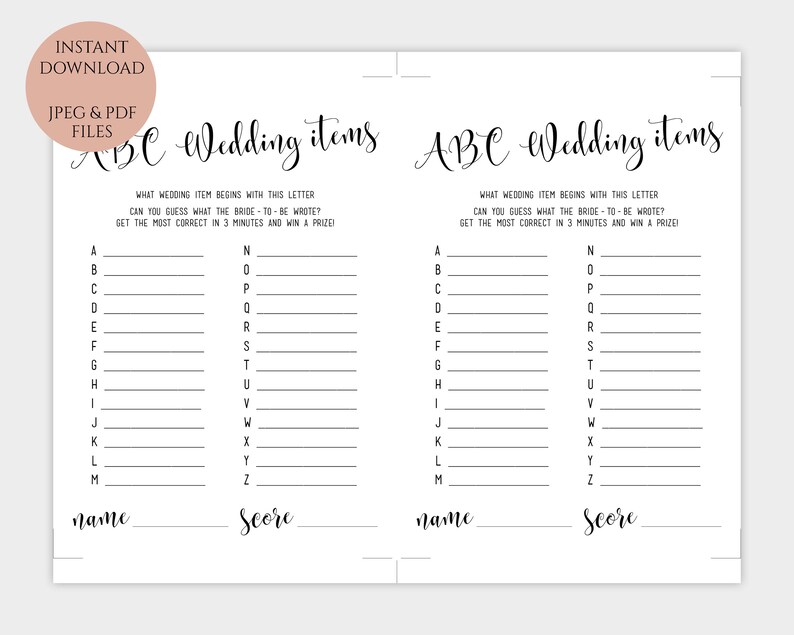 Abc Wedding Items Printable Bridal Shower Abc Alphabet Words Game ...