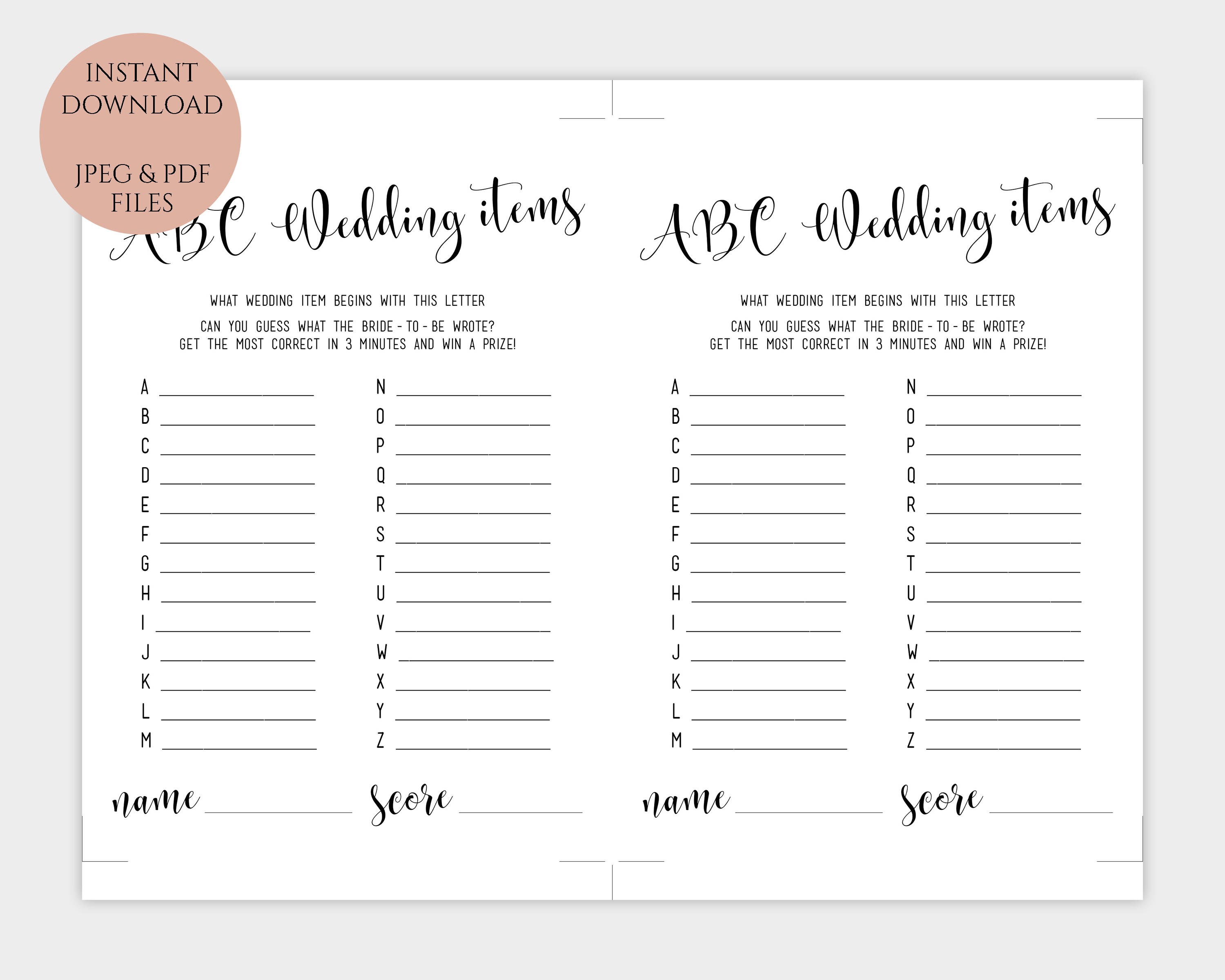 Abc Wedding Items Printable Bridal Shower Abc Alphabet Words Game ...