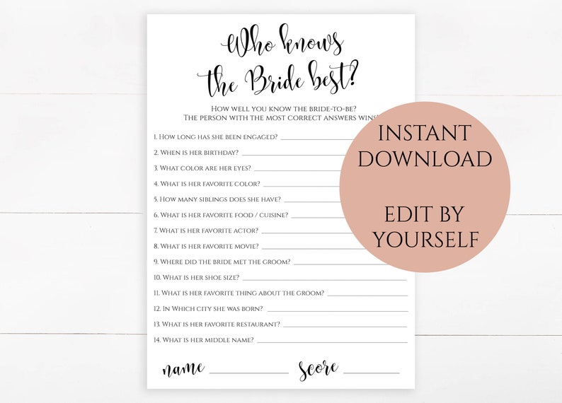 EDITABLE Who Knows the Bride Best Game Fun Bridal Shower Games ...