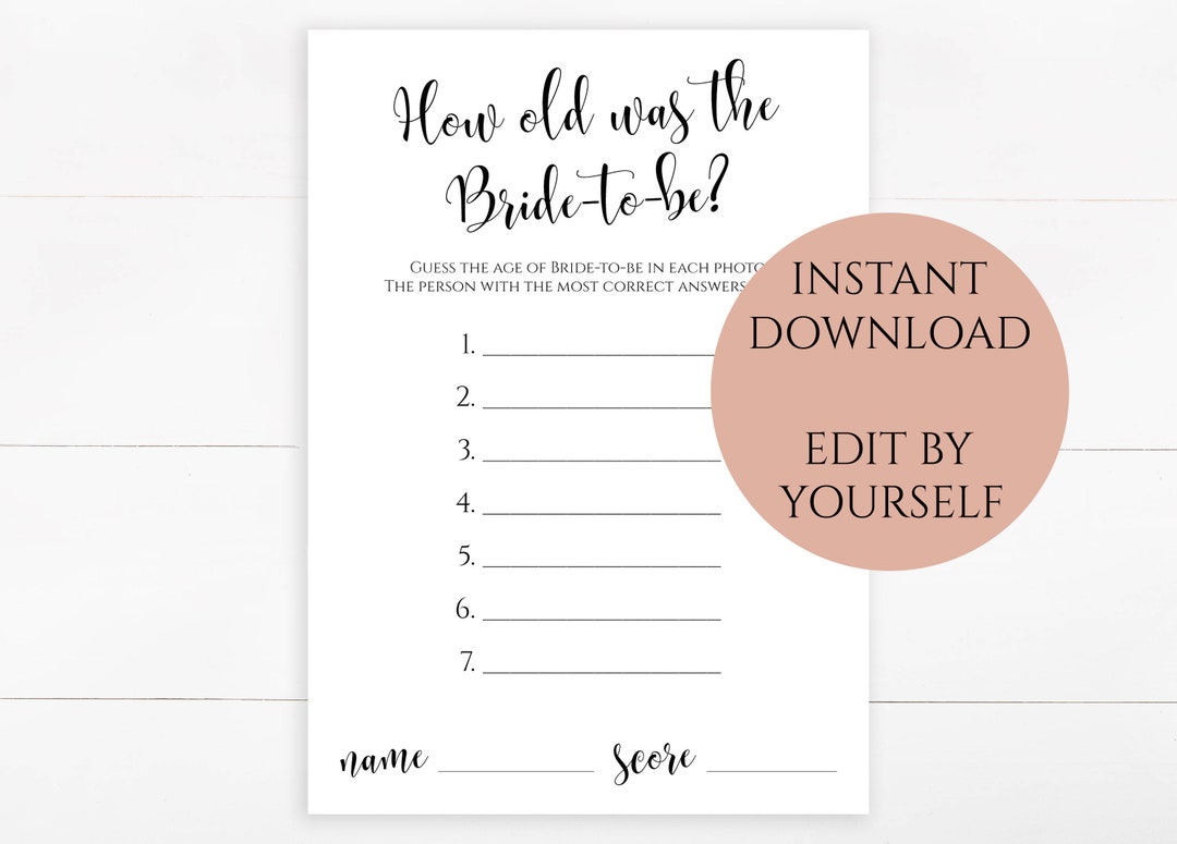 How Old Was the Bride to Be Game Printable Editable PDF Bridal Shower ...