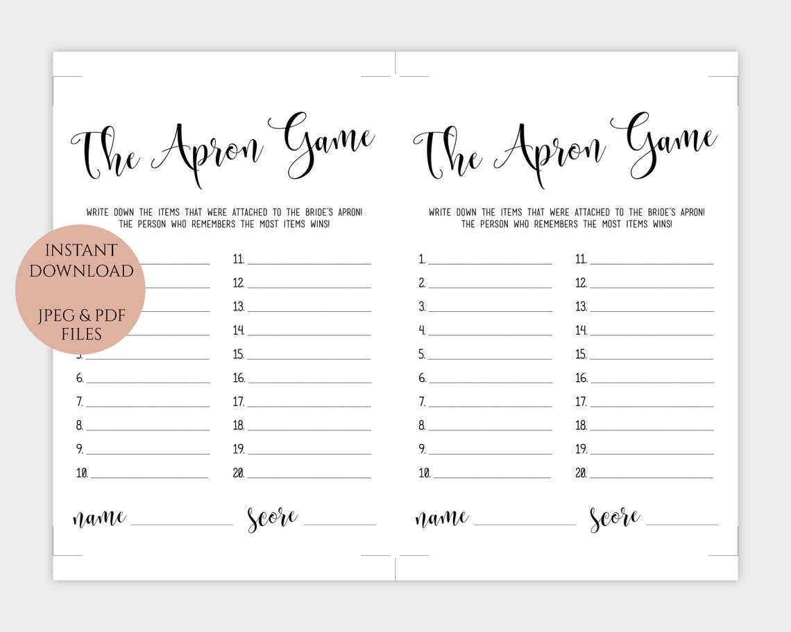 The Apron Game Printable Bridal Shower Guests Memory Game Template ...