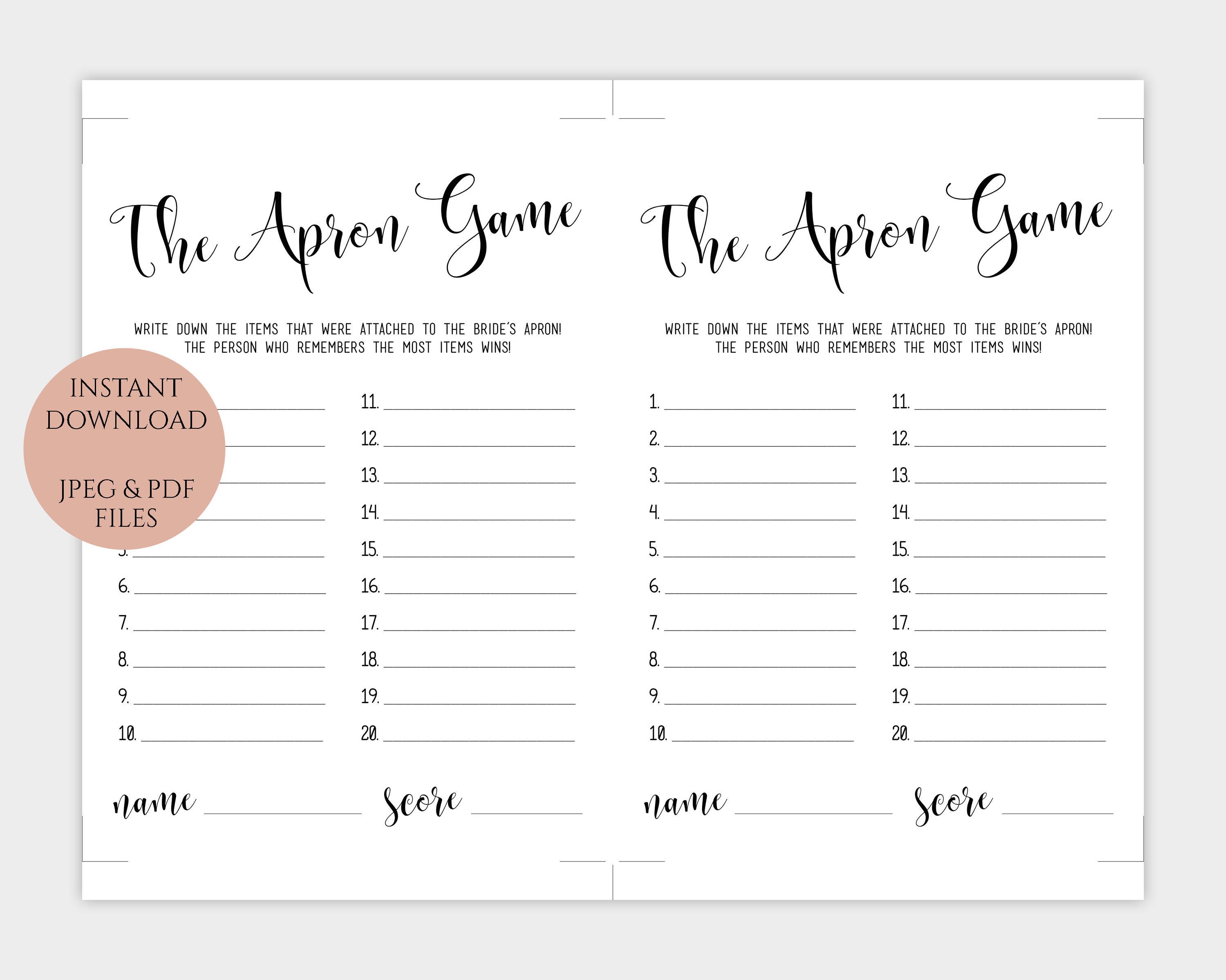 The Apron Game Printable Bridal Shower Guests Memory Game Template ...