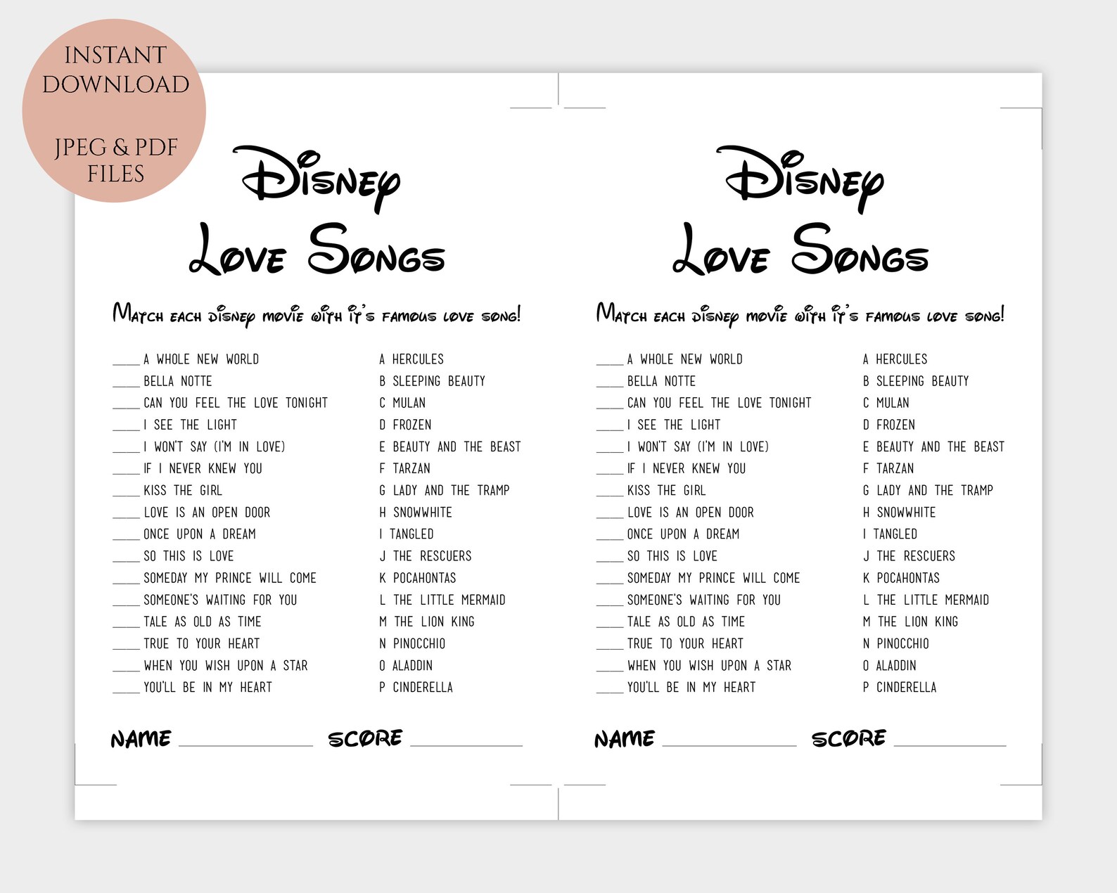 Disney Love Songs Bridal Shower Game Disney Love Song Game - Etsy