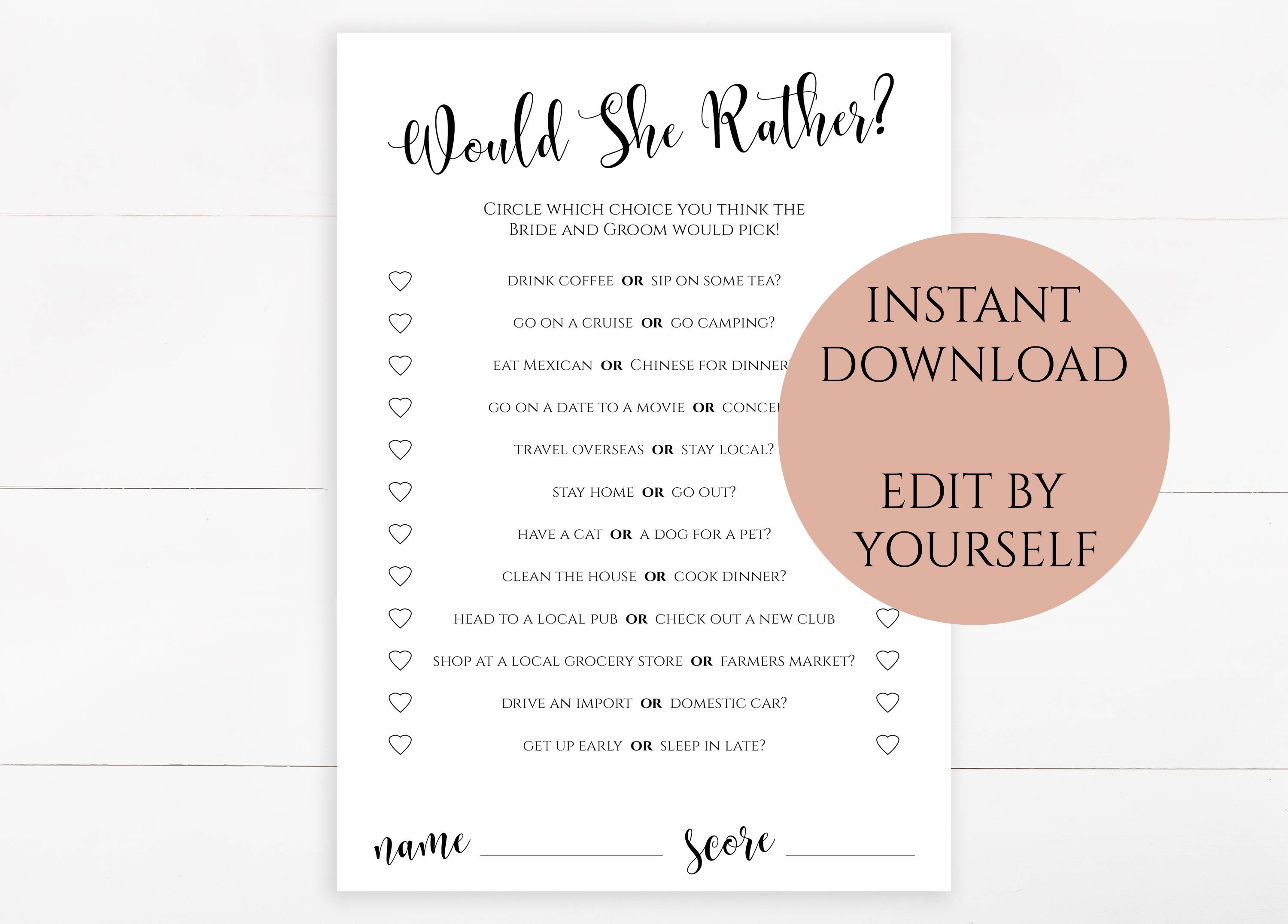 Editable Would She Rather Bridal Shower Game Edit Printable