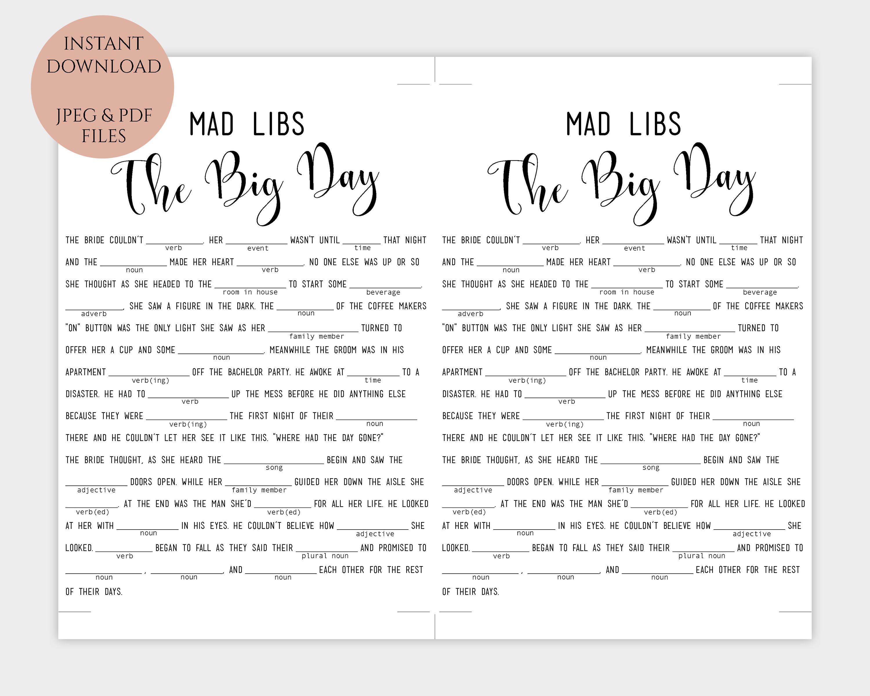 Wedding Madlibs, Printable Funny the Big Day Story Game, DIY Mad Lib ...