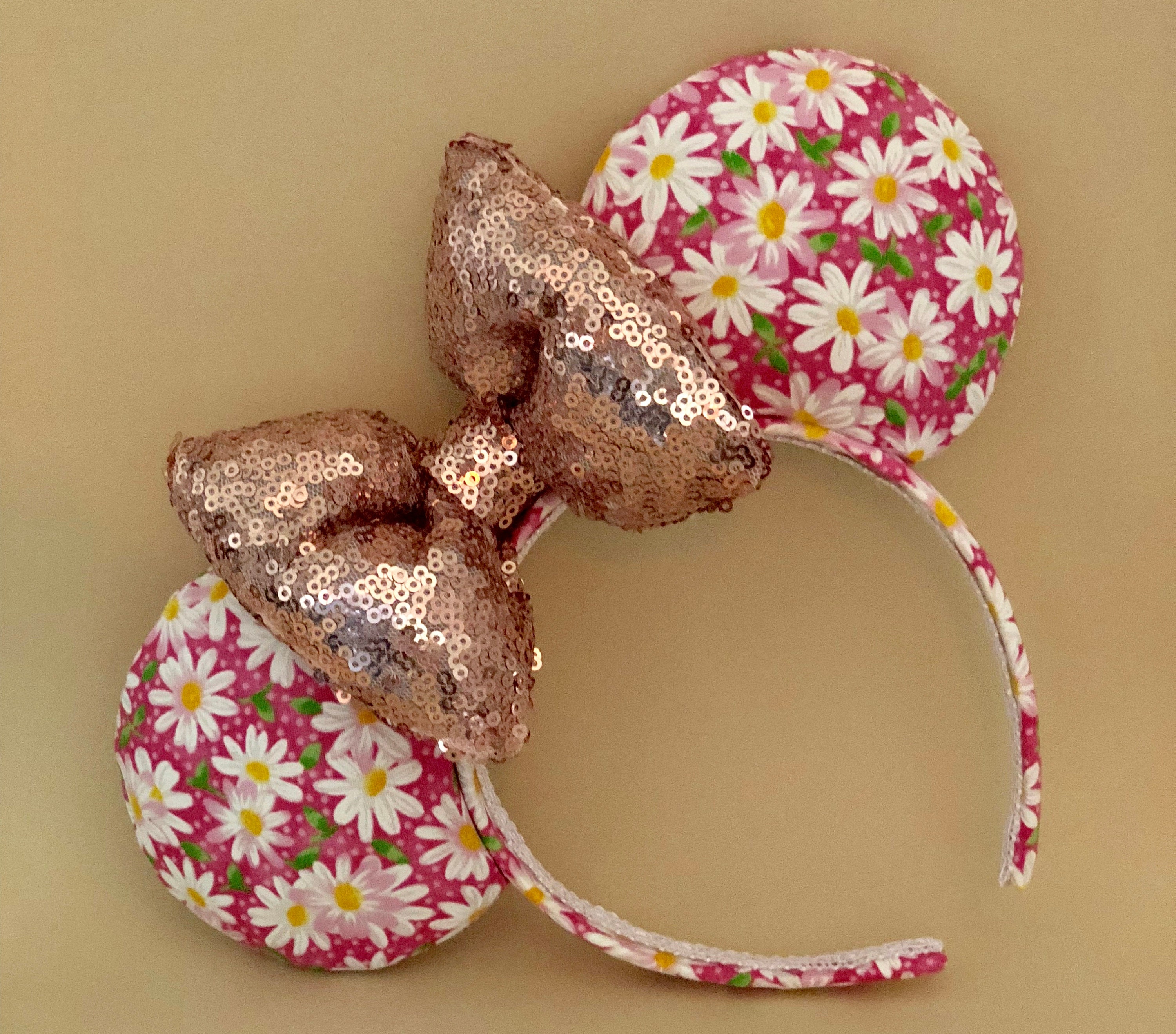 Daisy Flower Mouse Ears with Rose Gold Sequin Bow. Custom | Etsy