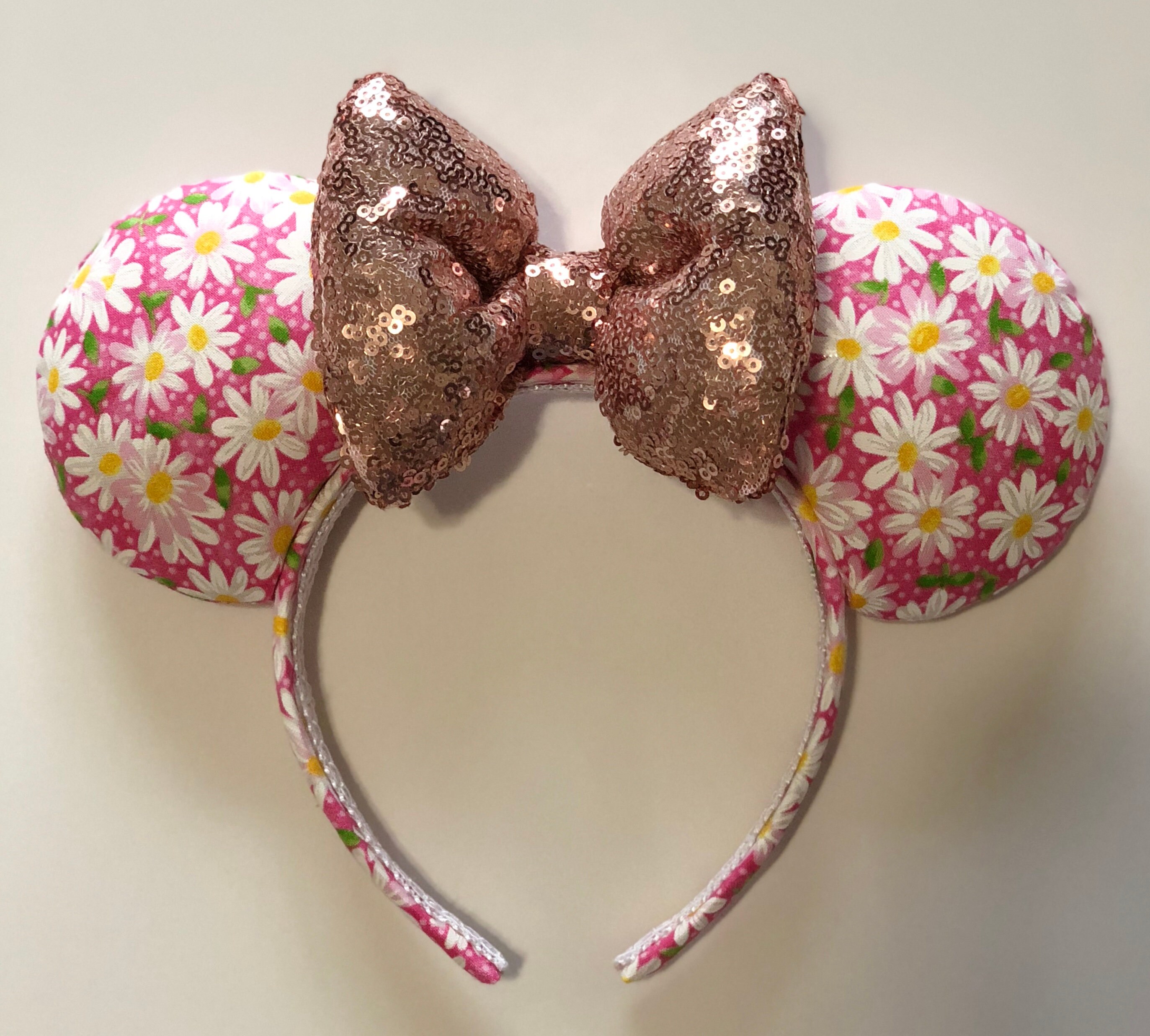 Daisy Flower Mouse Ears with Rose Gold Sequin Bow. Custom | Etsy