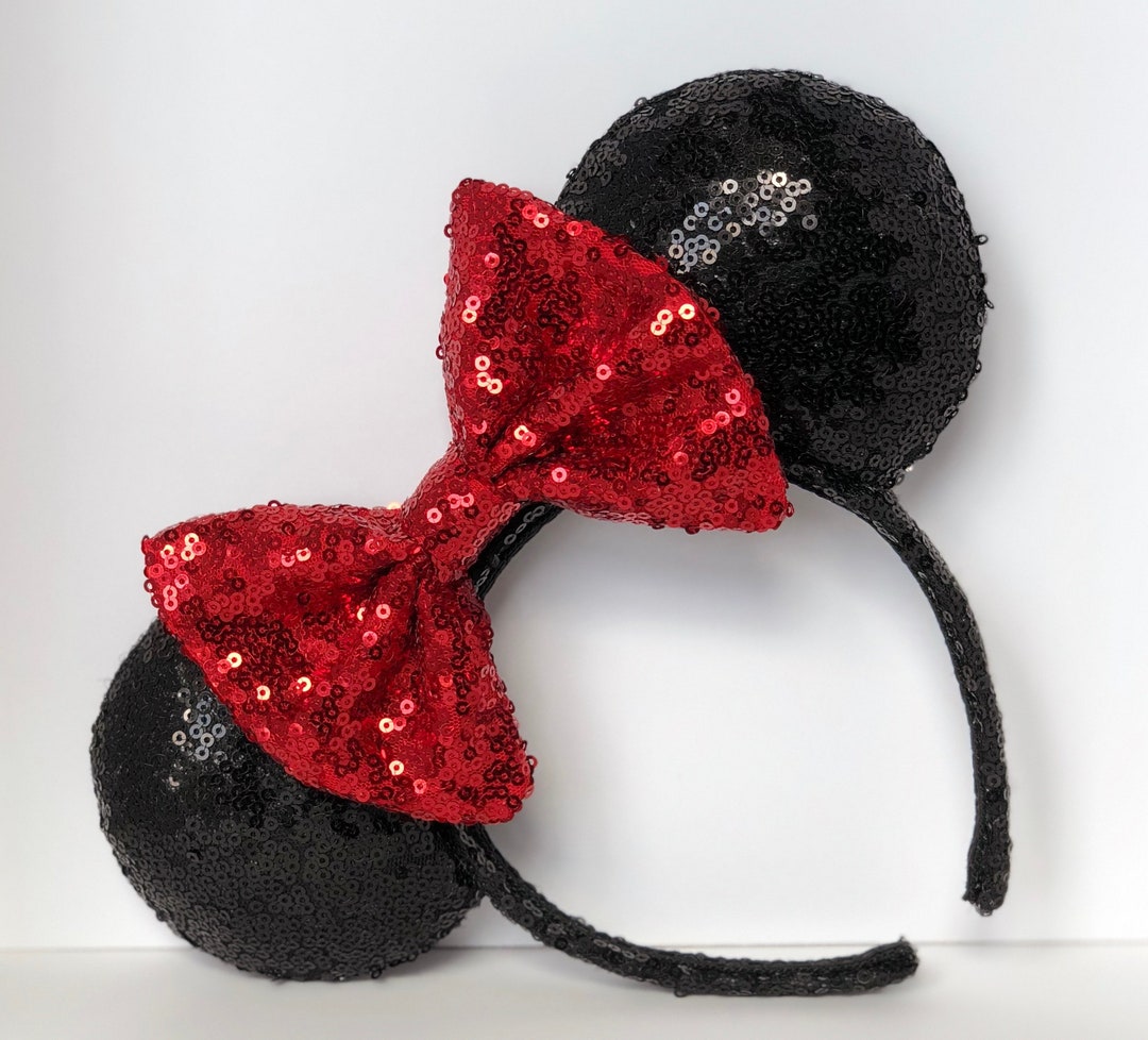 Classic Black Mouse Ears With Red Sequin Bow. Custom Handmade Mouse ...